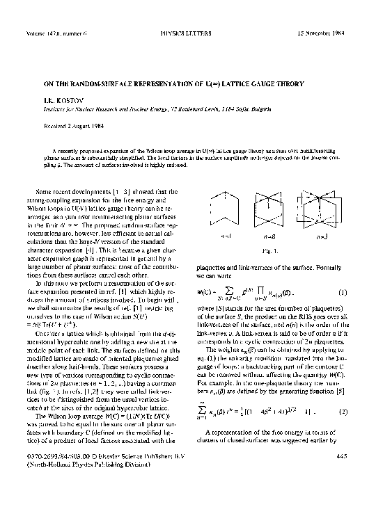 Pdf On The Random Surface Representation Of U ∞ Lattice Gauge Theory