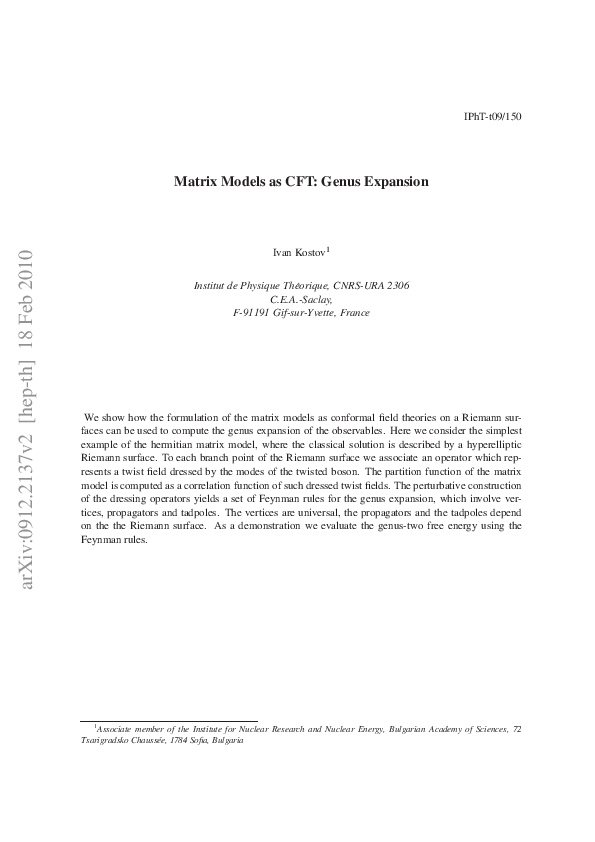 (PDF) Matrix models as CFT: Genus expansion