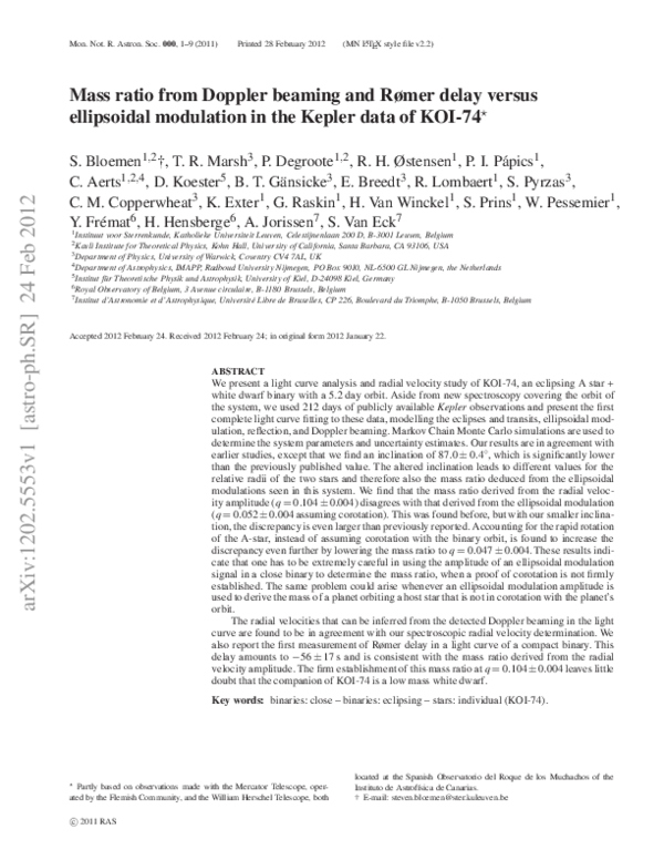 (PDF) Mass ratio from Doppler beaming and Rømer delay versus ...