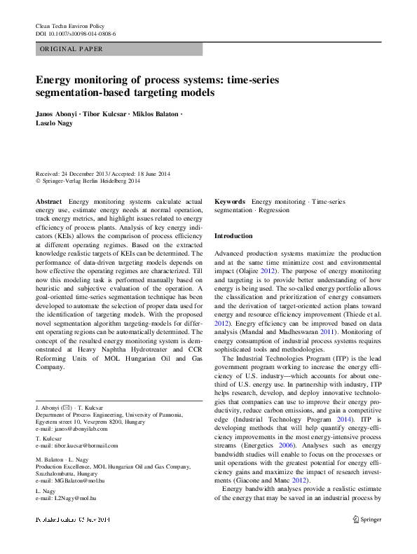 (PDF) Energy Monitoring of Process Systems - Time-Series Segmentation based Targeting Models
