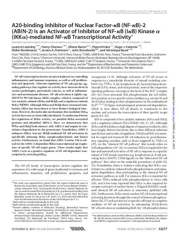 (PDF) A20-binding Inhibitor of Nuclear Factor- B (NF- B)-2 (ABIN-2) Is ...