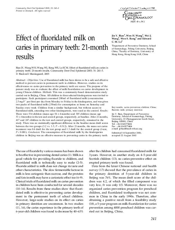(PDF) Effect of fluoridated milk on caries in primary teeth: 21-month ...