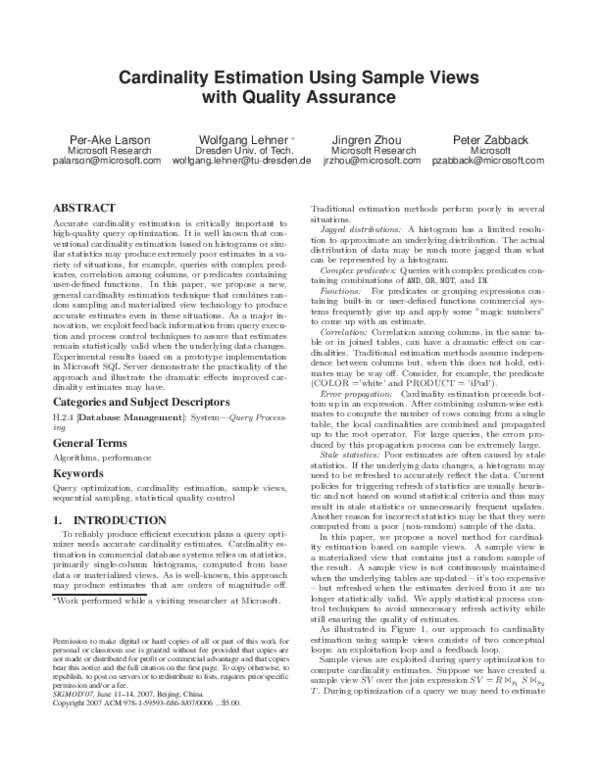 (PDF) Cardinality estimation using sample views with quality assurance