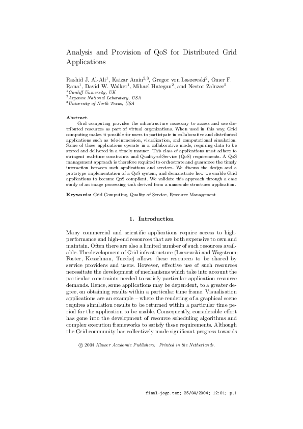 (PDF) Analysis and Provision of QoS for Distributed Grid Applications | Gregor Von Laszewski ...