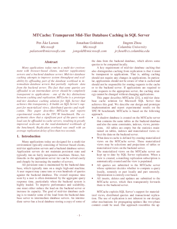 (PDF) Transparent mid-tier database caching in SQL server