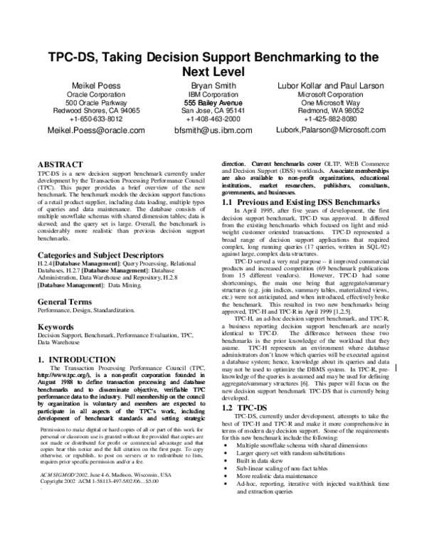 (PDF) TPC-DS, taking decision support benchmarking to the next level