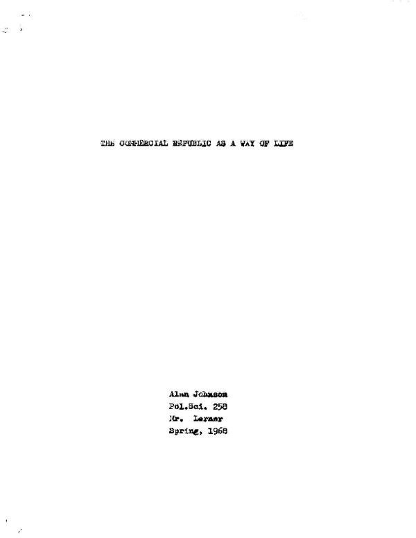 The Commercial Republic as a Way of Life