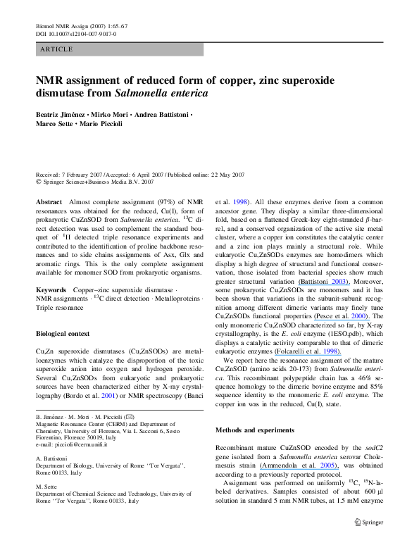 (PDF) NMR assignment of reduced form of copper, zinc superoxide dismutase from Salmonella enterica