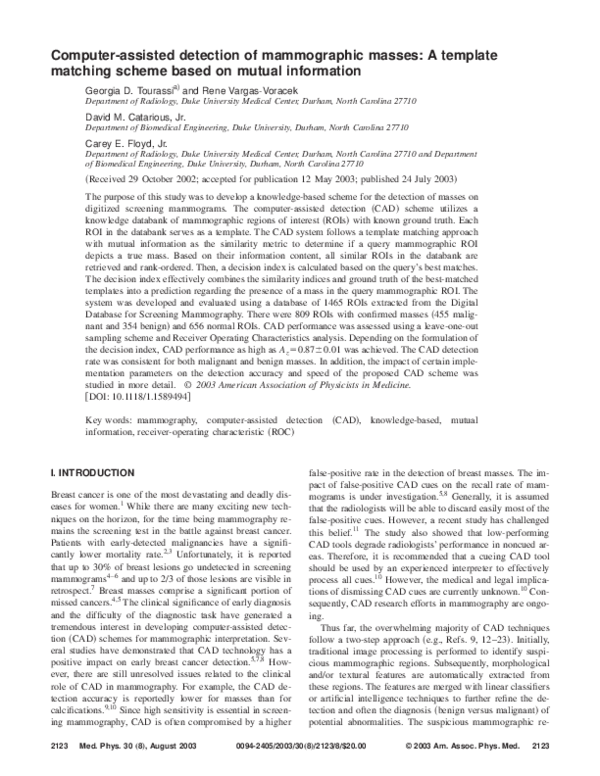 Pdf Computer Assisted Detection Of Mammographic Masses A Template Matching Scheme Based On