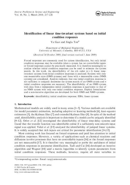 Pdf Identification Of Linear Time Invariant Systems Based On Initial