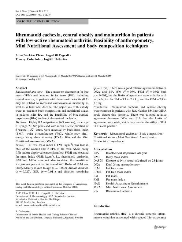 (PDF) Rheumatoid cachexia, central obesity and malnutrition in patients ...
