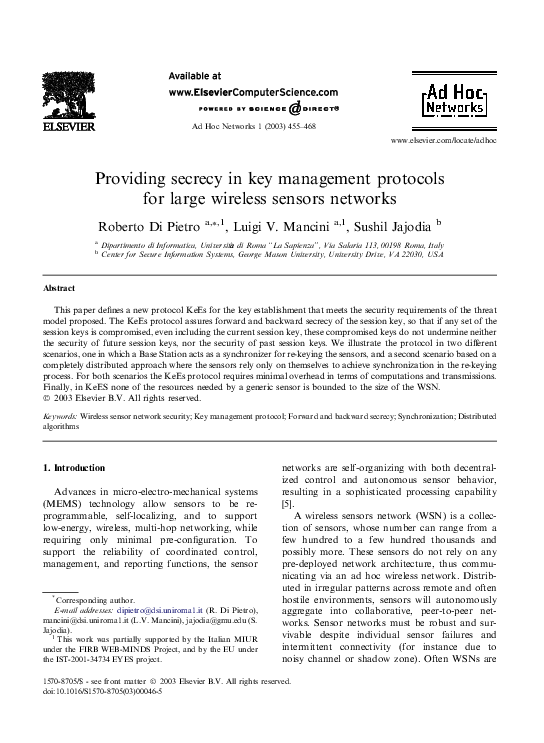 (PDF) Providing secrecy in key management protocols for large wireless sensors networks