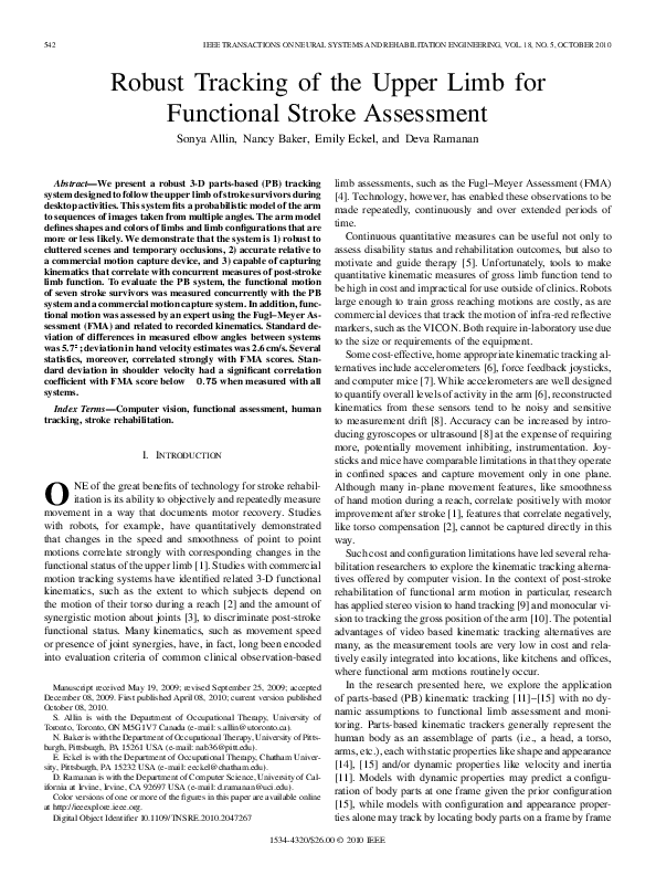 (PDF) Robust Tracking of the Upper Limb for Functional Stroke Assessment