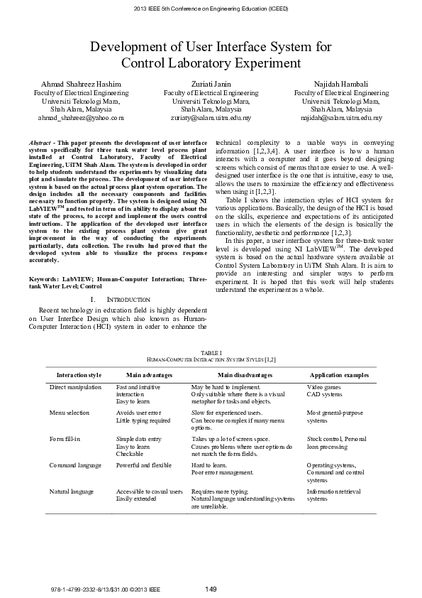 (PDF) Development of user interface system for control laboratory experiment | Zuriati Janin ...