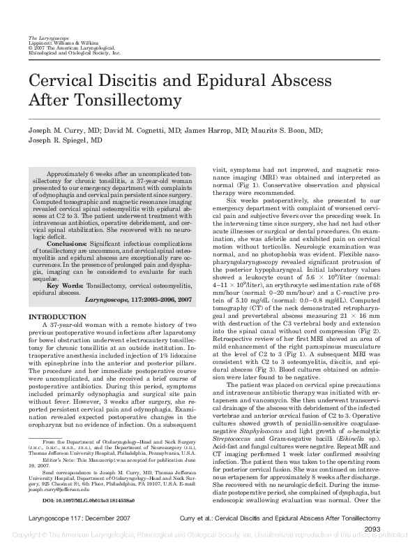 (PDF) Cervical Discitis and Epidural Abscess After Tonsillectomy