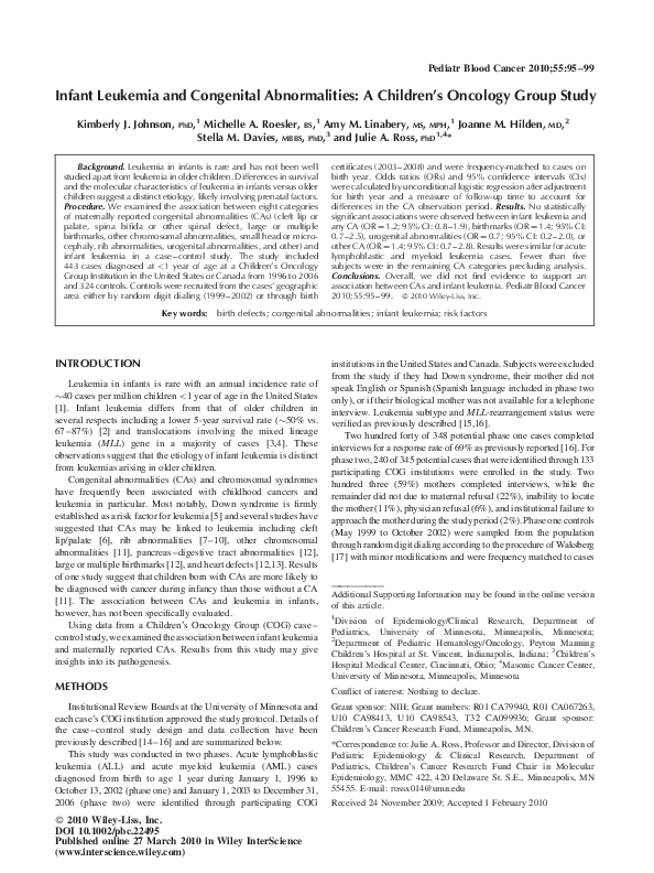(PDF) Infant leukemia and congenital abnormalities: A Children's ...