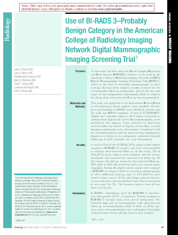 (PDF) Use of BI-RADS 3-probably benign category in the American College of Radiology imaging ...