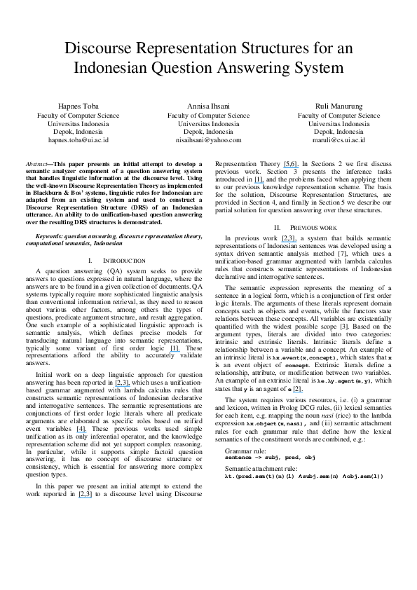 Pdf Discourse Representation Structures For An Indonesian Question Answering System Hapnes