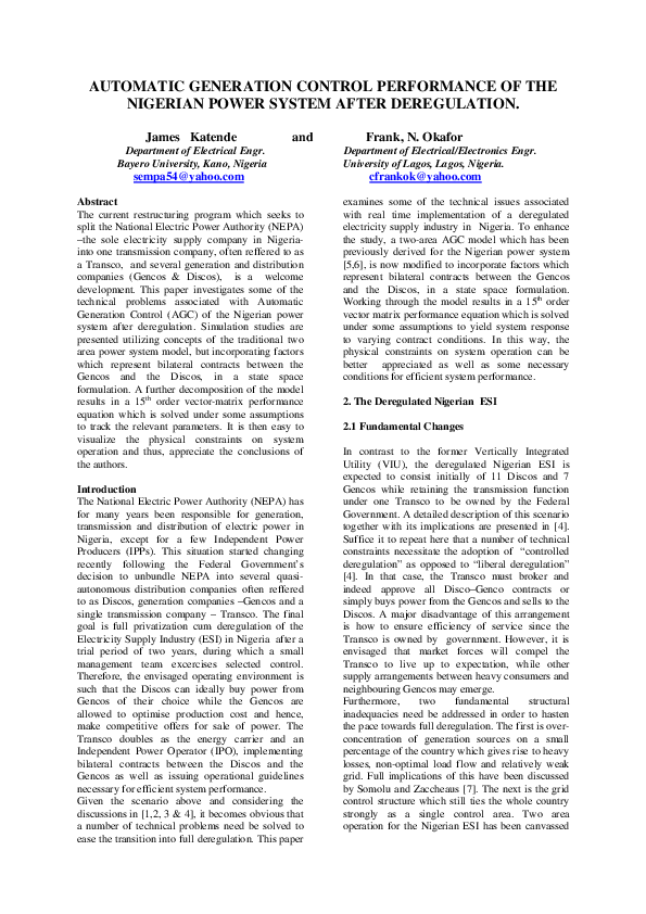 Pdf Automatic Generation Control Performance Of The Nigerian Power System After Deregulation