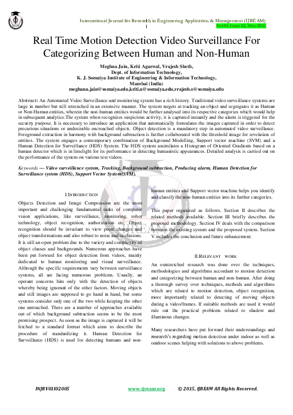 Pdf Real Time Motion Detection Video Surveillance For Categorizing Between Human And Non Human