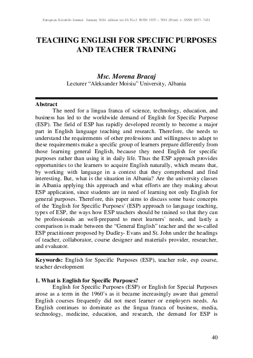 (PDF) TEACHING ENGLISH FOR SPECIFIC PURPOSES AND TEACHER TRAINING