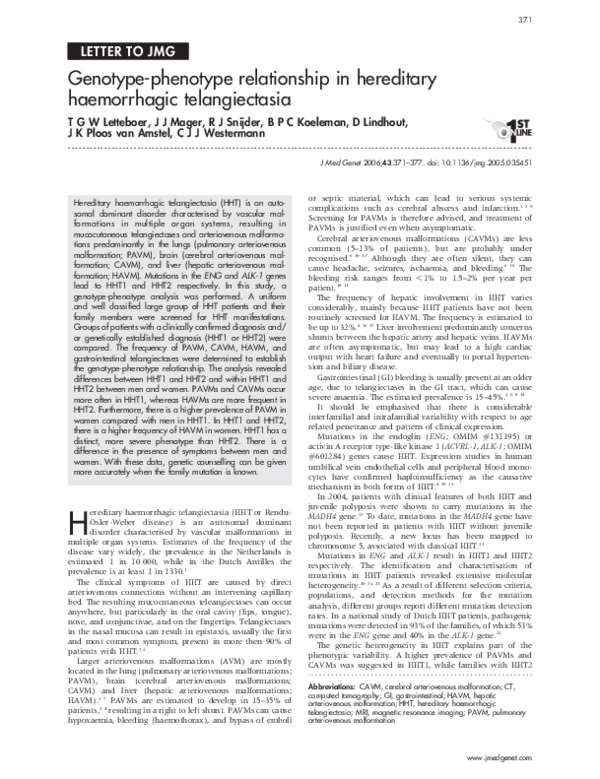 (PDF) Genotype-phenotype relationship in hereditary haemorrhagic telangiectasia