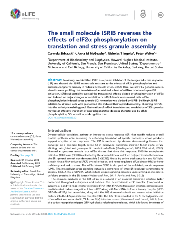 (PDF) The small molecule ISRIB reverses the effects of eIF2α ...