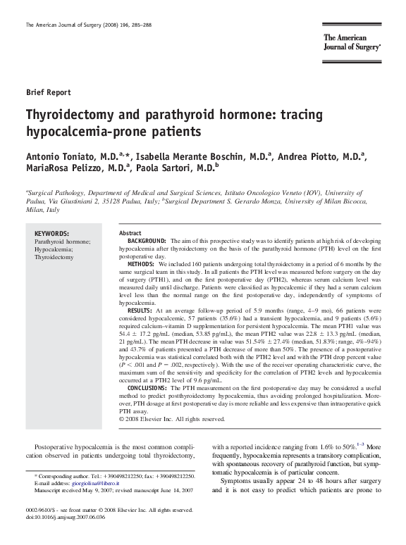 (PDF) Thyroidectomy and parathyroid hormone: tracing hypocalcemia-prone ...