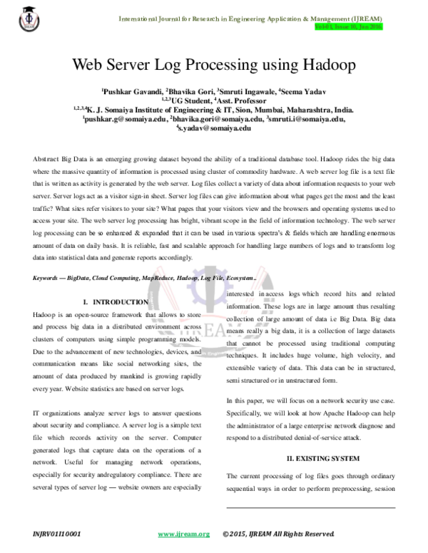 (PDF) Web Server Log Processing using Hadoop (PDF) Web Server Log Processing using Hadoop