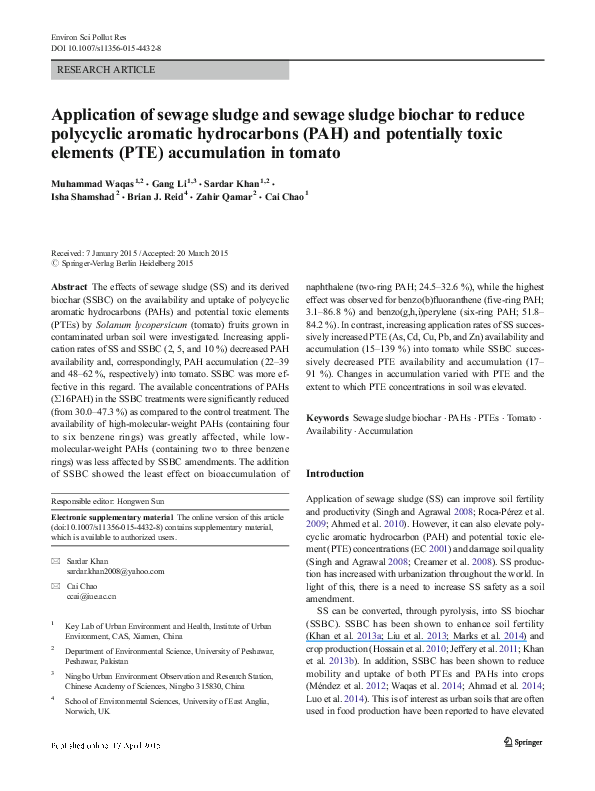 (PDF) Application of sewage sludge and sewage sludge biochar to reduce polycyclic aromatic ...