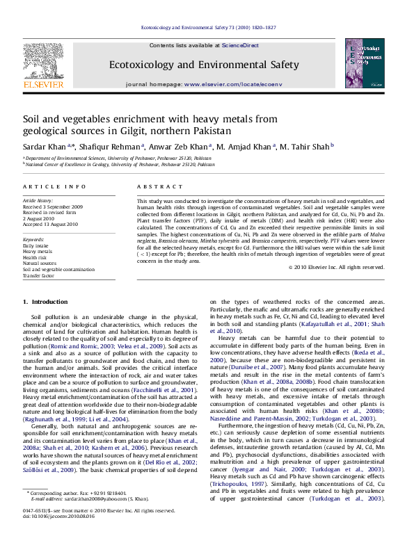 (PDF) Soil and vegetables enrichment with heavy metals from geological ...