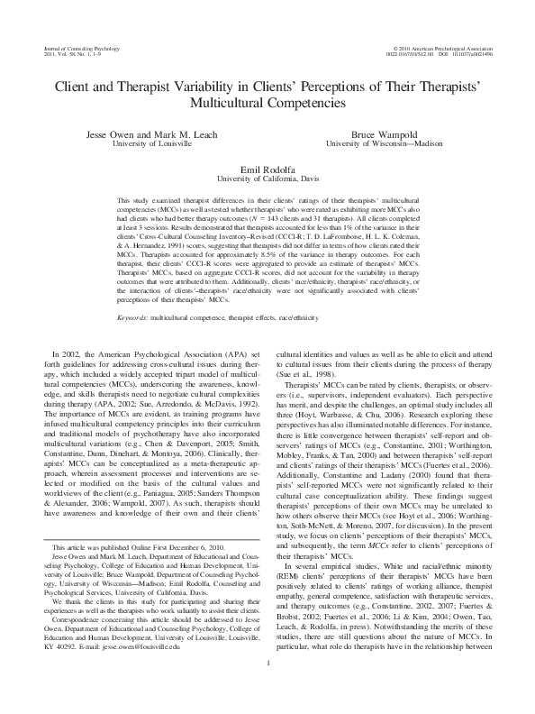 (PDF) Client and therapist variability in clients' perceptions of their therapists ...