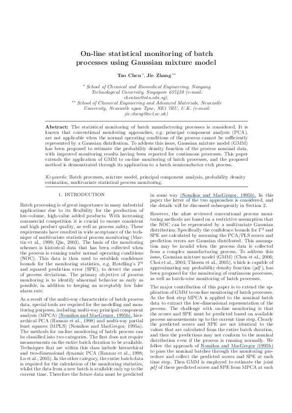 Pdf On Line Multivariate Statistical Monitoring Of Batch Processes Using Gaussian Mixture Model