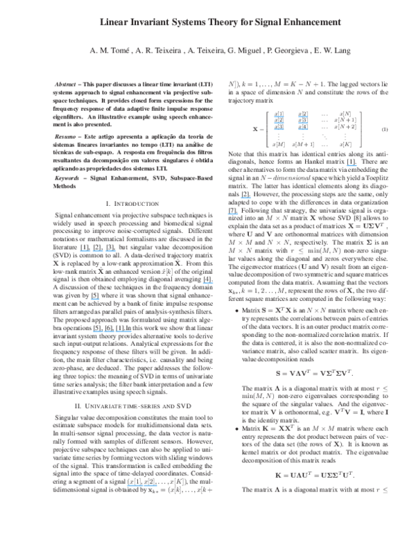Pdf Linear Invariant Systems Theory For Signal Enhancement