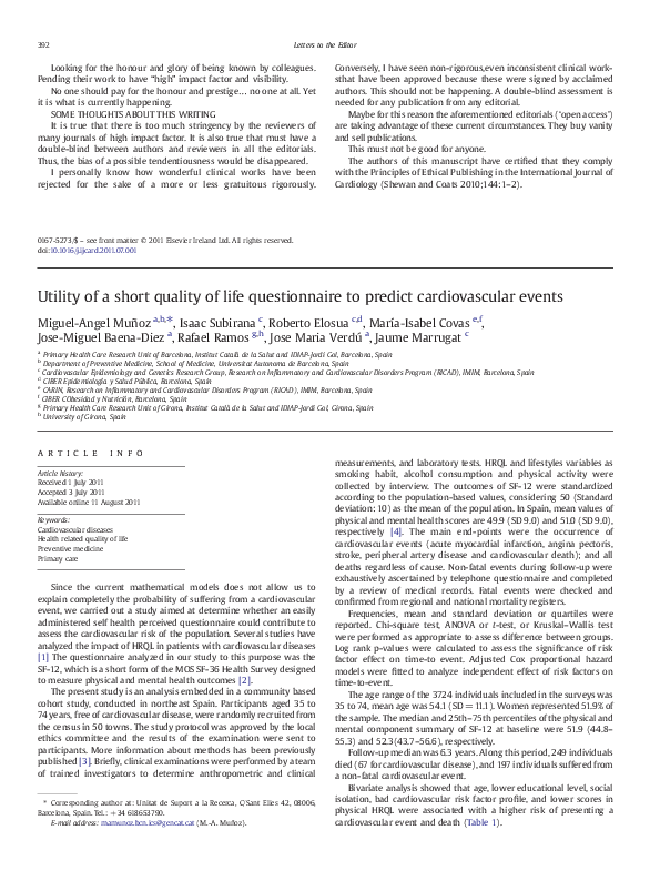 (PDF) Utility of a short quality of life questionnaire to predict ...