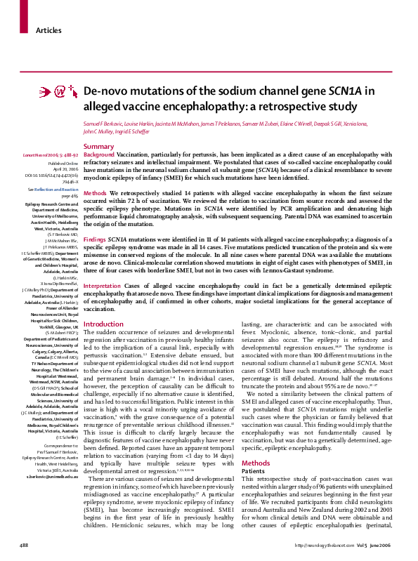 (PDF) De-novo mutations of the sodium channel gene SCN1A in alleged vaccine encephalopathy: a ...