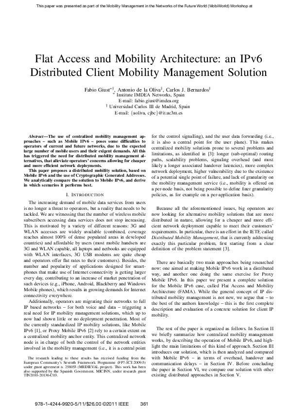 (PDF) Flat access and mobility architecture: an IPv6 distributed client mobility management solution
