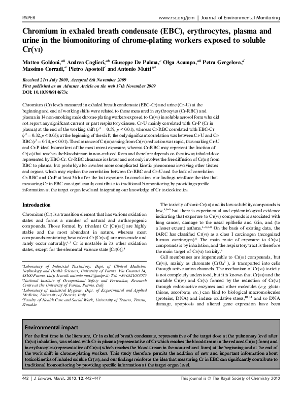 (PDF) Biomonitoring Chromium Exposure in Chrome-Plating Workers