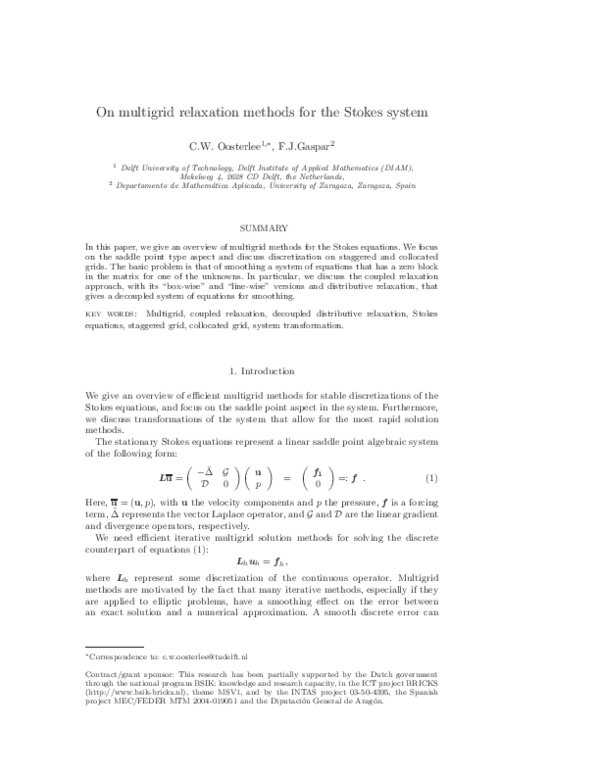 (PDF) Multigrid Methods for the Stokes System