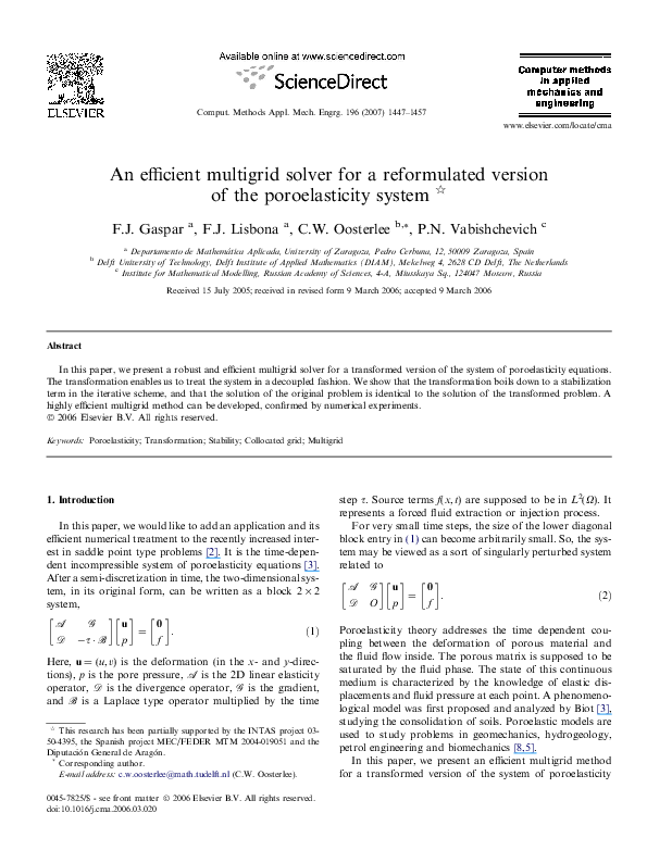 (PDF) An efficient multigrid solver for a reformulated version of the poroelasticity system