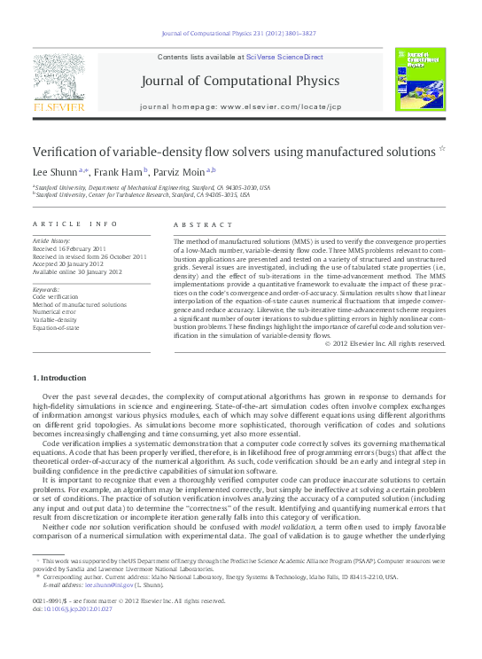 Pdf Verification Of Variable Density Flow Solvers Using Manufactured