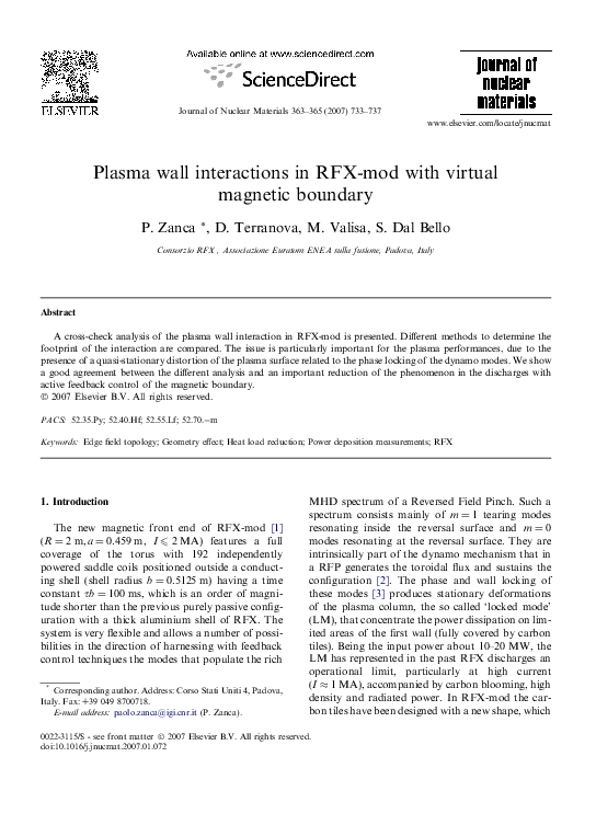 (PDF) Plasma wall interactions in RFX-mod with virtual magnetic boundary
