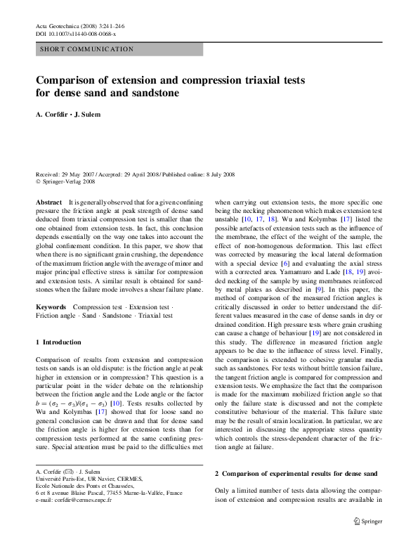 (PDF) Comparison of extension and compression triaxial tests for dense ...