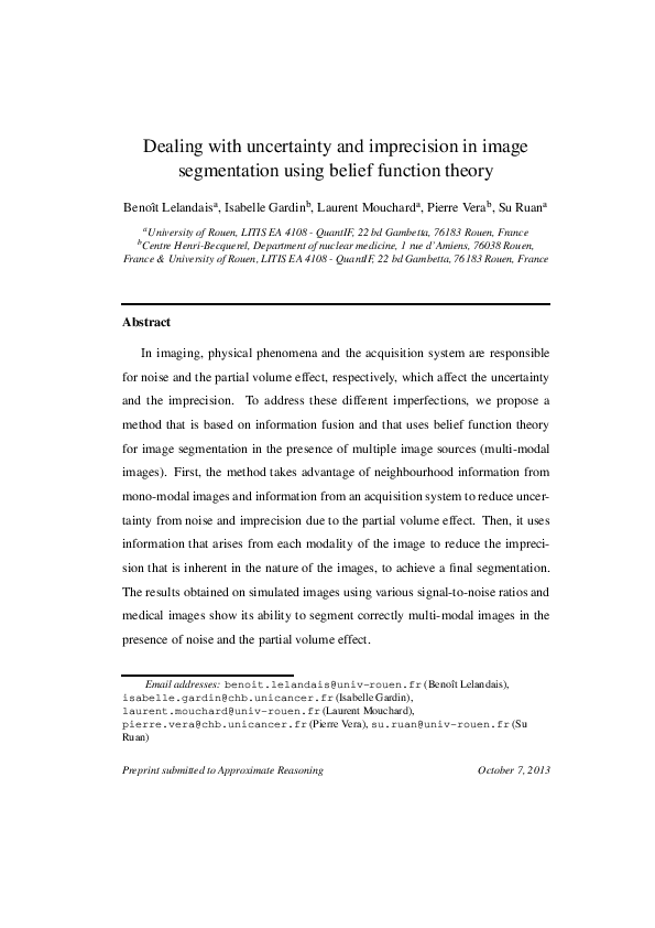 (PDF) Dealing with uncertainty and imprecision in image segmentation using belief function ...