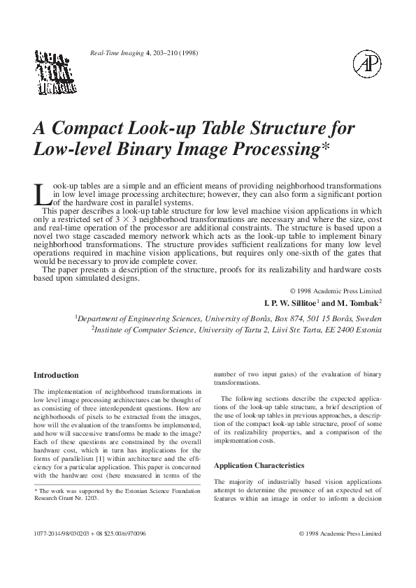 Pdf A Compact Look Up Table Structure For Low Level Binary Image Processing