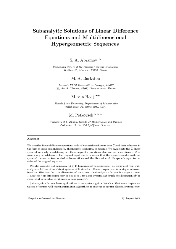 (PDF) Subanalytic solutions of linear difference equations and multidimensional hypergeometric ...