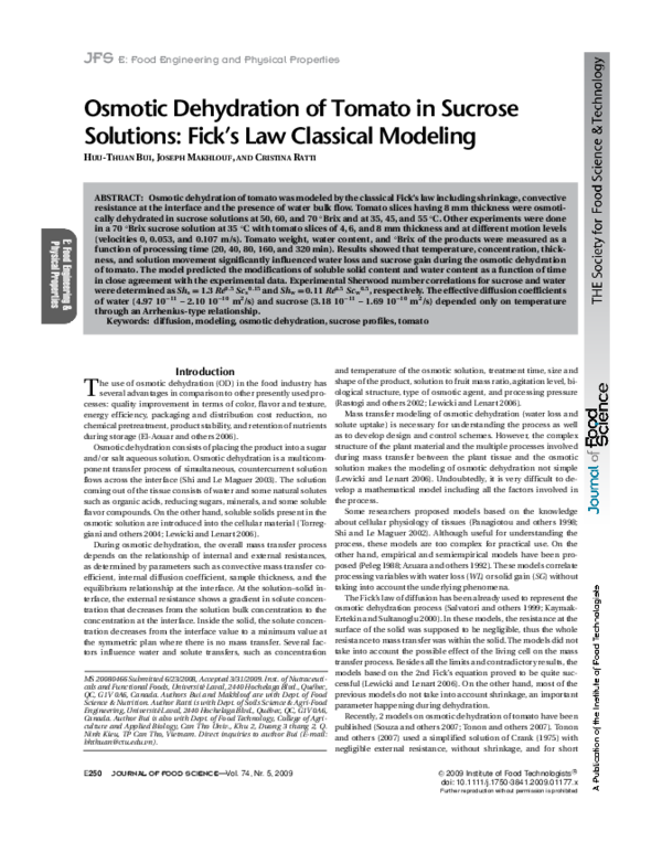 (PDF) Osmotic Dehydration of Tomato in Sucrose Solutions: Fick's Law Classical Modeling