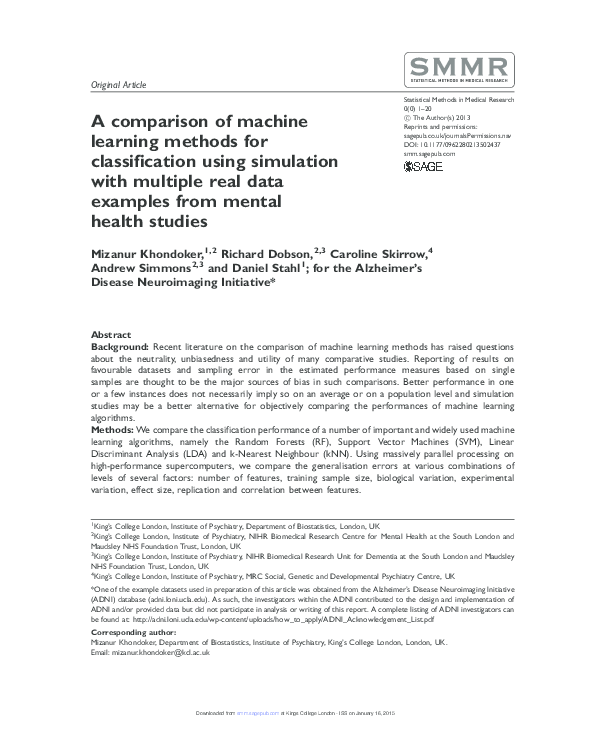 Pdf A Comparison Of Machine Learning Methods For Classification Using Simulation With Multiple