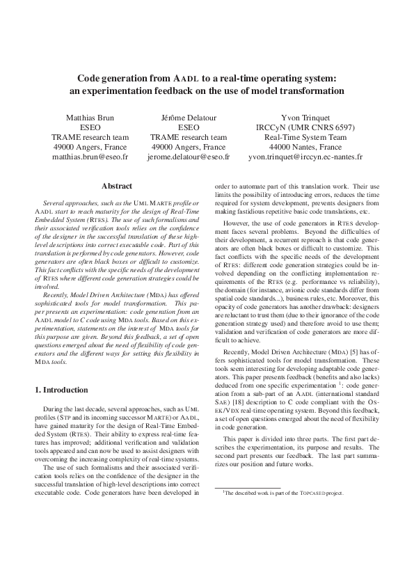 (PDF) MDA-Based Code Generation from AADL to C