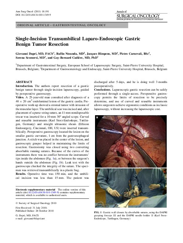 (PDF) Single-Incision Transumbilical Laparo-Endoscopic Gastric Benign Tumor Resection